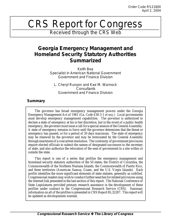 Georgia Emergency Management and Homeland Security Statutory ...