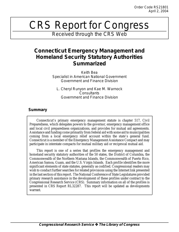Connecticut Emergency Management and Homeland Security Statutory ...