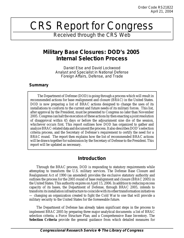 Military Base Closures: DOD's 2005 Internal Selection Process ...