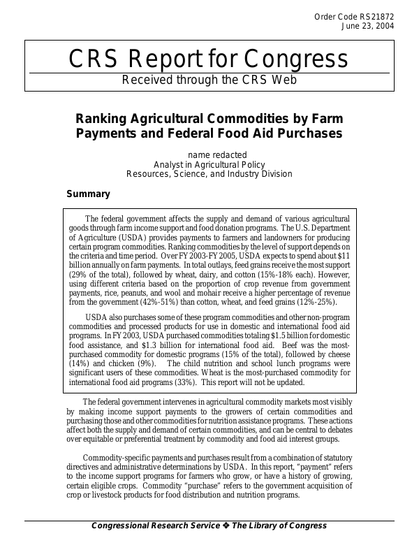 Ranking Agricultural Commodities by Farm Payments and Federal Food Aid ...