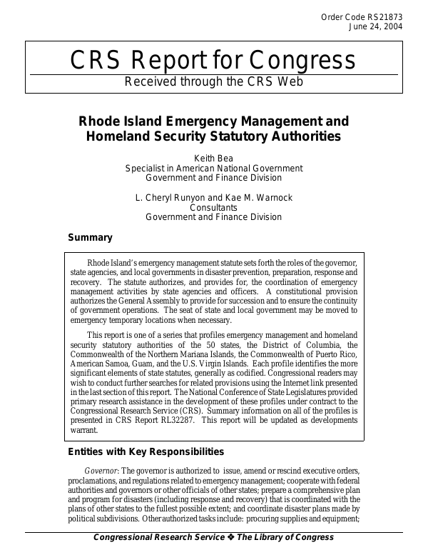 Rhode Island Emergency Management and Homeland Security Statutory ...