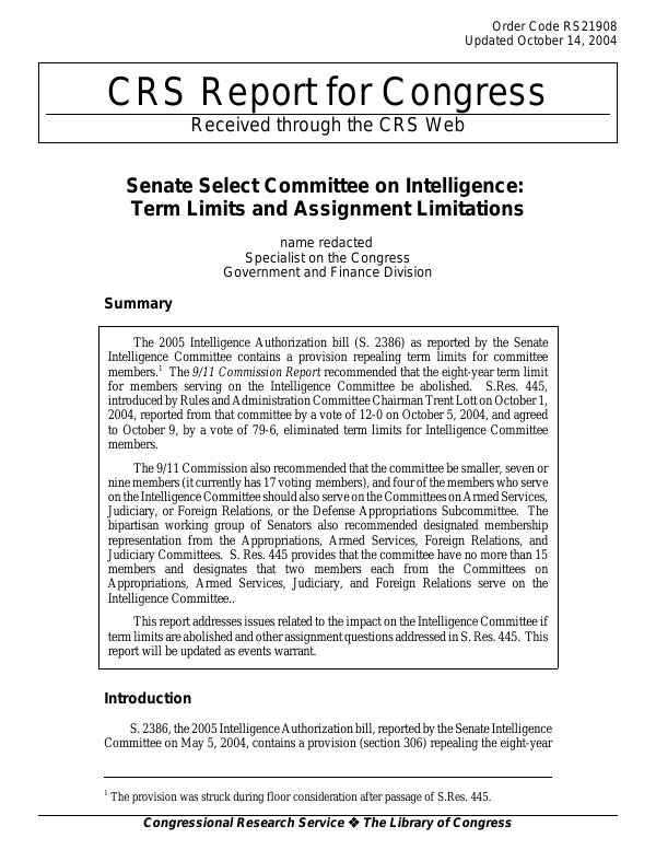 Senate Select Committee on Intelligence: Term Limits and Assignment ...