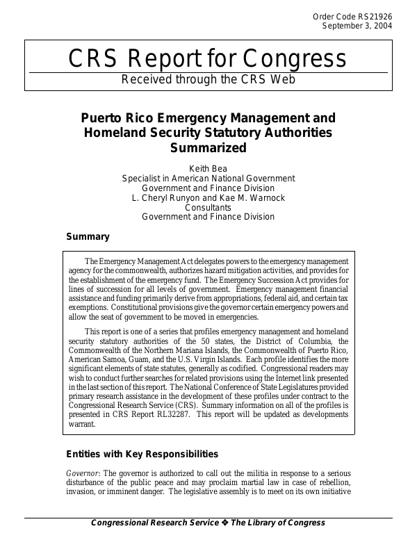 Puerto Rico Emergency Management and Homeland Security Statutory ...