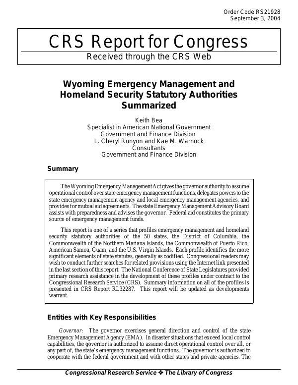 Wyoming Emergency Management and Homeland Security Statutory ...