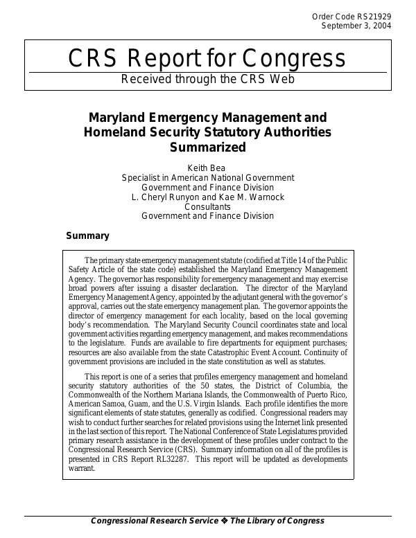 Maryland Emergency Management and Homeland Security Statutory ...