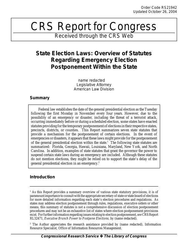 State Election Laws: Overview of Statutes Regarding Emergency Election ...