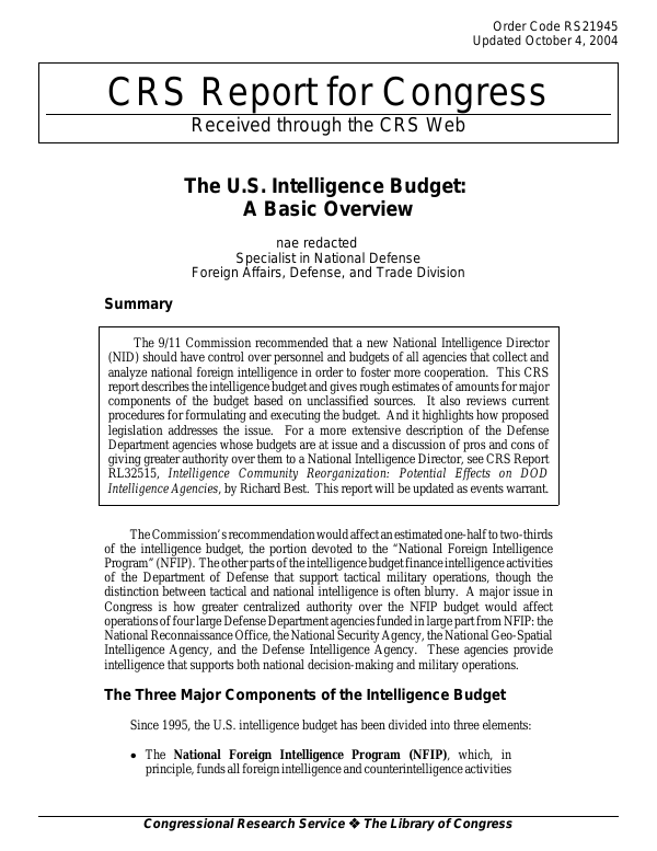 The U.S. Intelligence Budget: A Basic Overview - EveryCRSReport.com