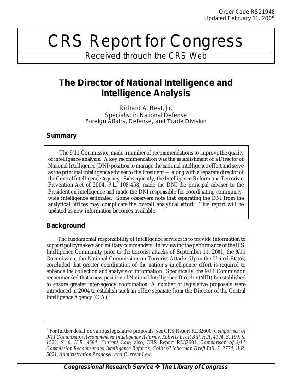 The Director of National Intelligence and Intelligence Analysis ...