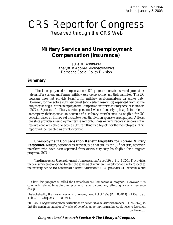 Military Service and Unemployment Compensation (Insurance ...