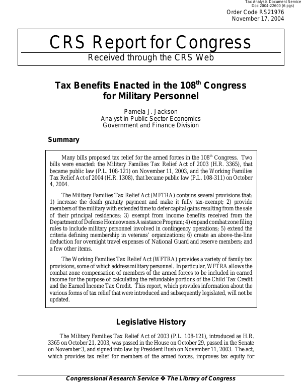 Tax Benefits Enacted in the 108th Congress for Military Personnel ...