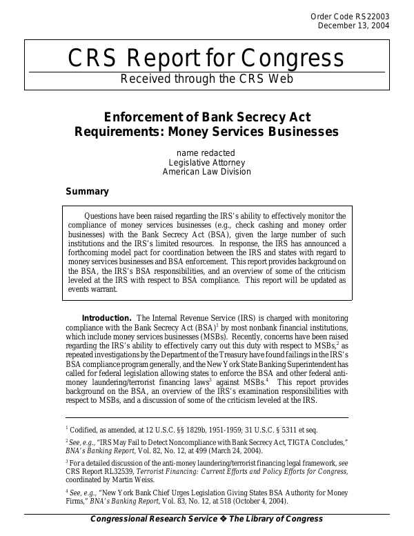 Enforcement of Bank Secrecy Act Requirements: Money Services Businesses ...