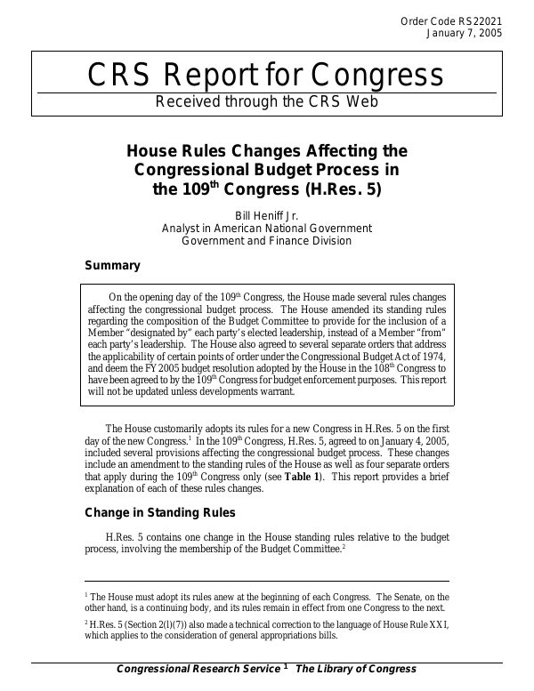 House Rules Changes Affecting the Congressional Budget Process in the ...