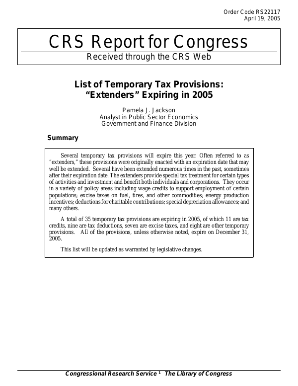 List of Temporary Tax Provisions: "Extenders" Expiring in 2005 ...