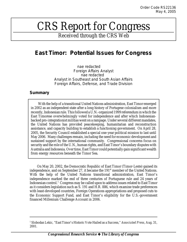 East Timor: Potential Issues for Congress - EveryCRSReport.com
