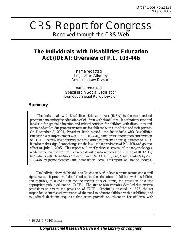 The Individuals with Disabilities Education Act (IDEA): Overview of P.L ...