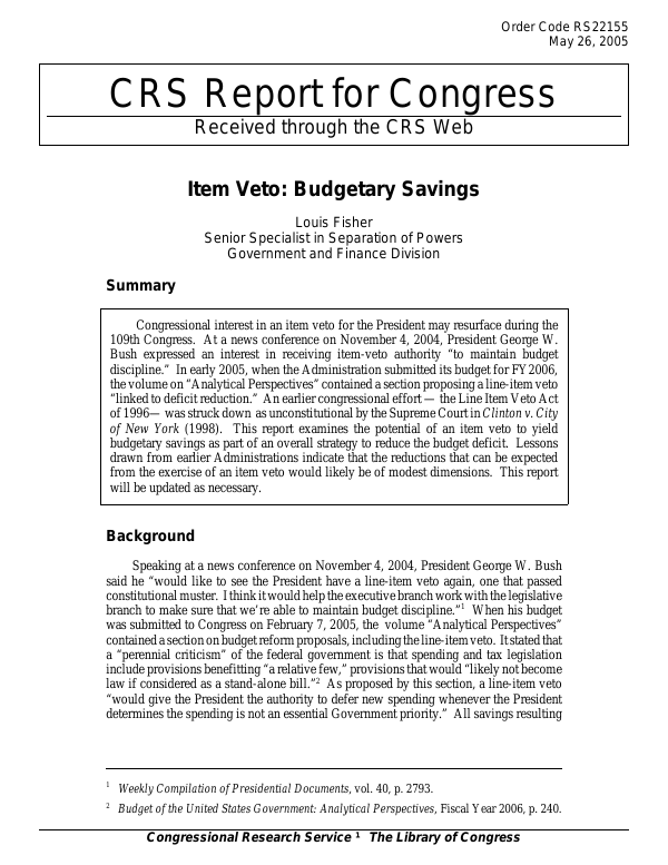 Item Veto: Budgetary Savings - EveryCRSReport.com