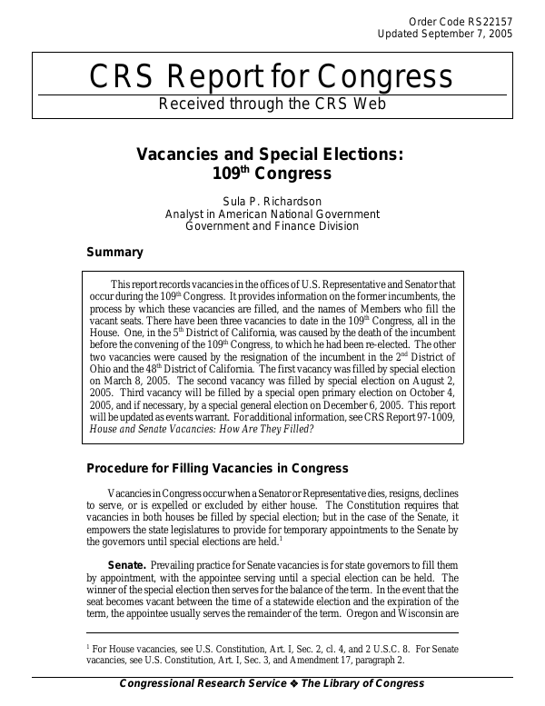 Vacancies and Special Elections: 109th Congress - EveryCRSReport.com