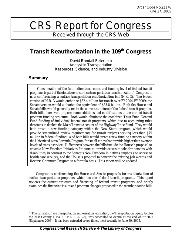 Transit Reauthorization in the 109th Congress - EveryCRSReport.com
