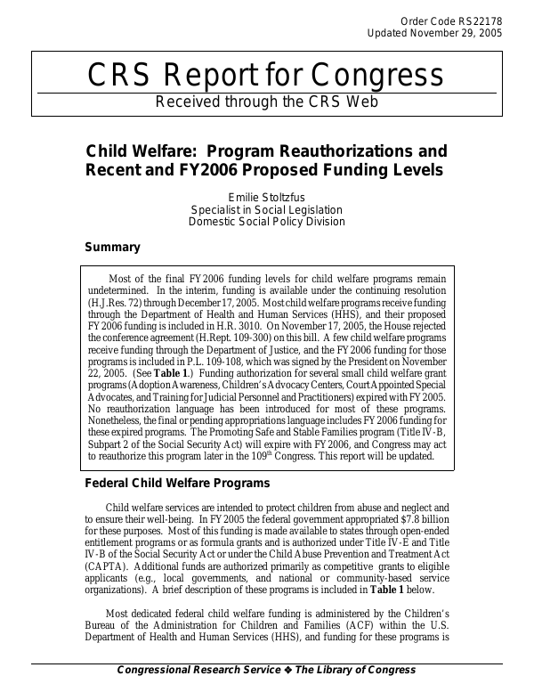 Child Welfare: Program Reauthorizations and Recent and FY2006 Proposed ...