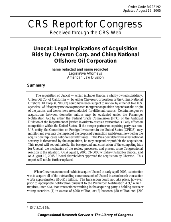Unocal: Legal Implications of Acquisition Bids by Chevron Corp. and ...