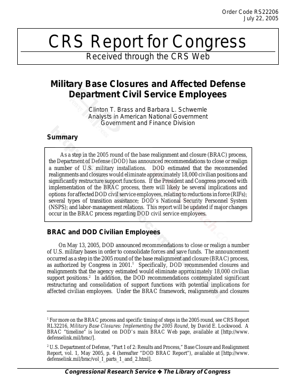 Military Base Closures and Affected Defense Department Civil Service ...