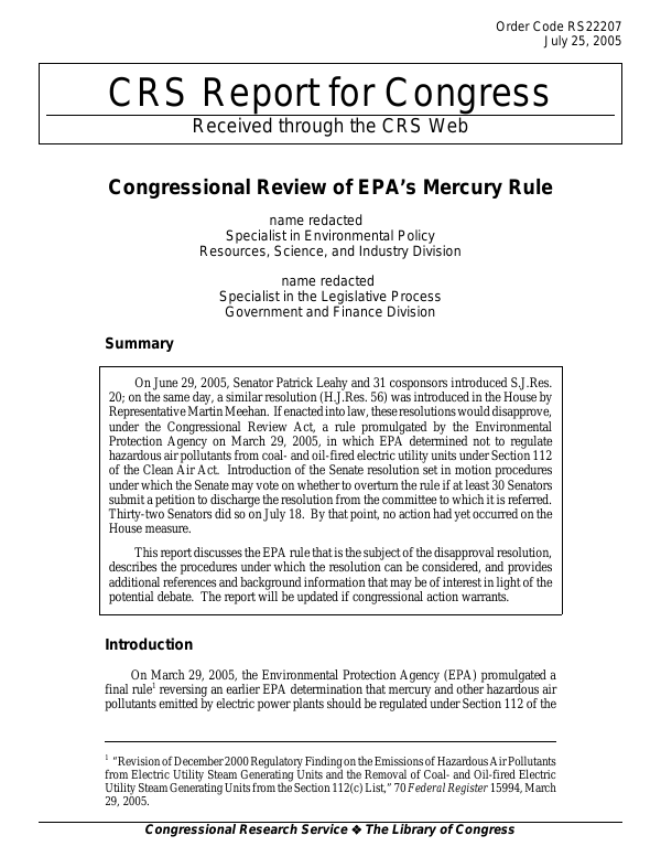 Congressional Review of EPA's Mercury Rule - EveryCRSReport.com