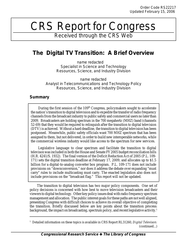 The Digital TV Transition: A Brief Overview - EveryCRSReport.com