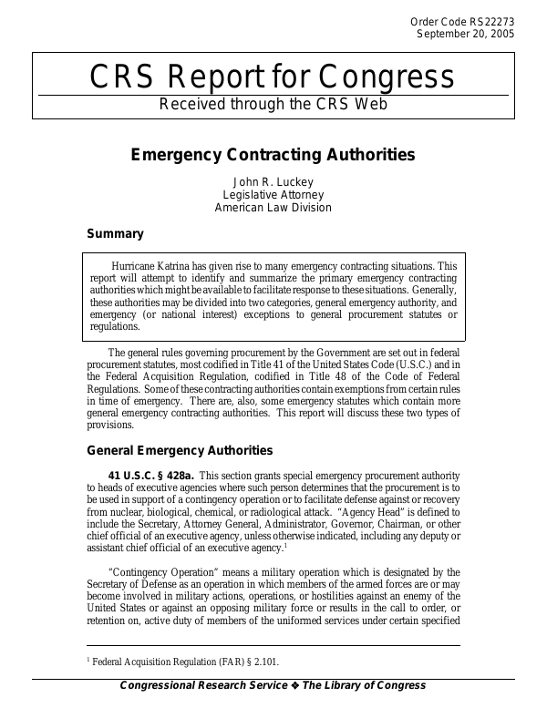 Emergency Contracting Authorities - EveryCRSReport.com