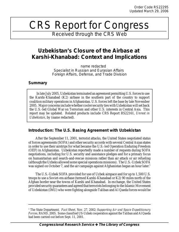 Uzbekistan's Closure of the Airbase at Karshi-Khanabad: Context and ...