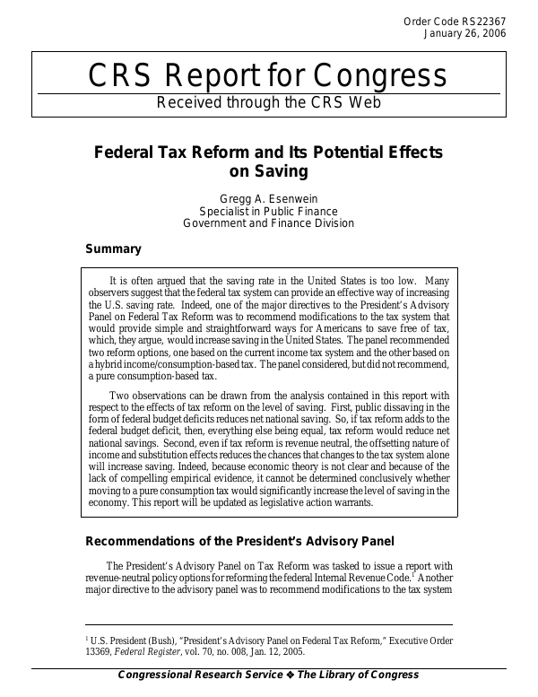 Federal Tax Reform and Its Potential Effects on Saving - EveryCRSReport.com