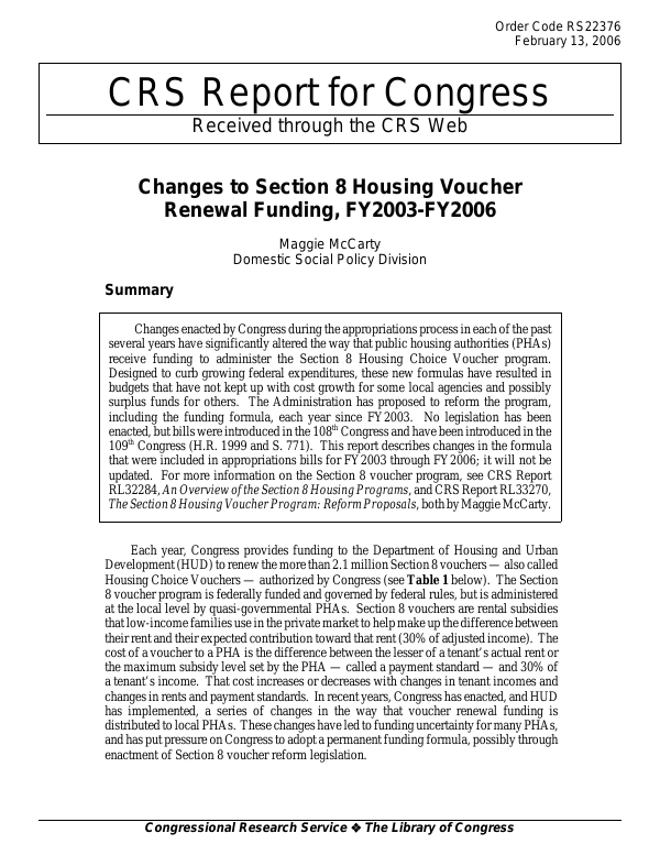 Changes to Section 8 Housing Voucher Renewal Funding, FY2003-FY2006 ...