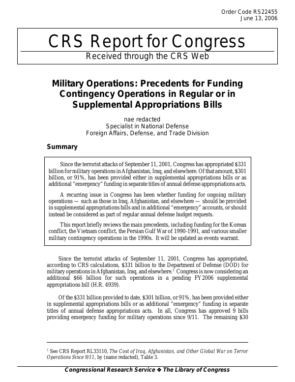 Military Operations: Precedents for Funding Contingency Operations in ...