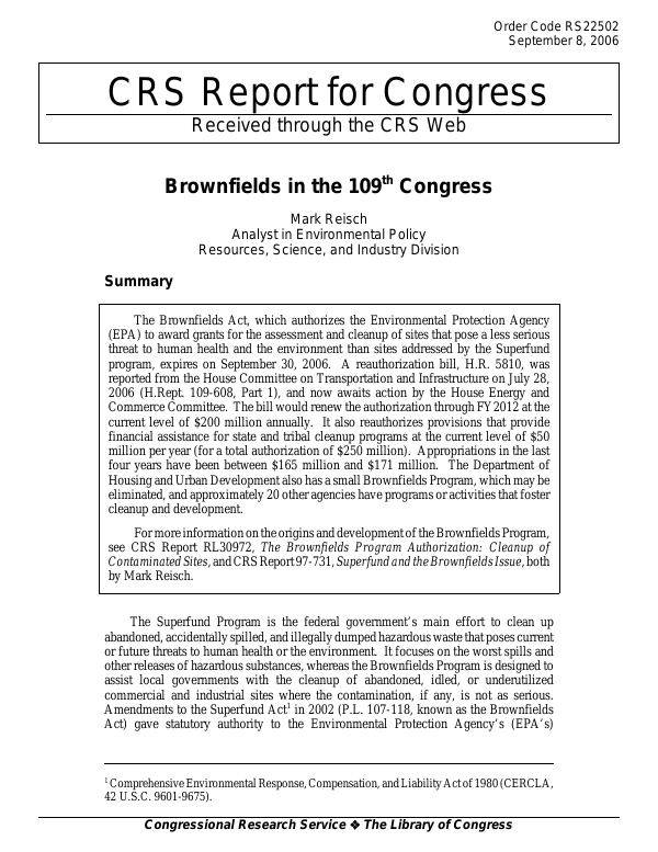 Brownfields in the 109th Congress - EveryCRSReport.com