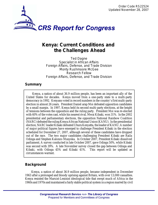 Kenya: Current Conditions and the Challenges Ahead - EveryCRSReport.com