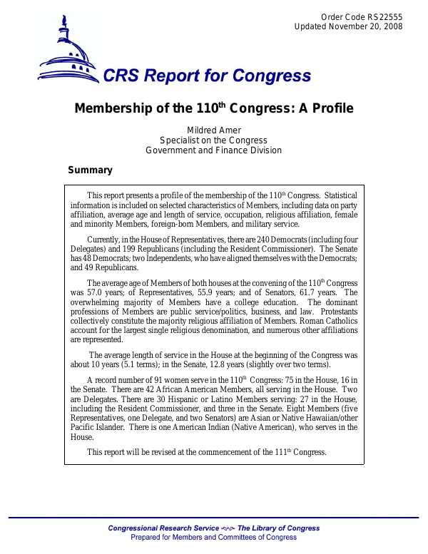 Membership of the 110th Congress: A Profile - EveryCRSReport.com