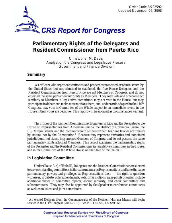 Parliamentary Rights of the Delegates and Resident Commissioner from ...
