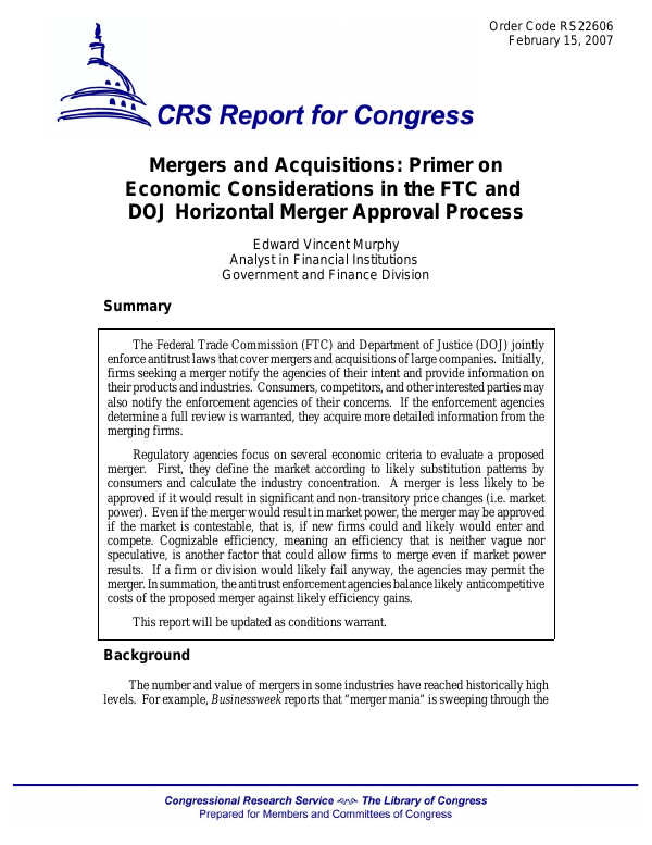 Mergers and Acquisitions: Primer on Economic Considerations in the FTC ...