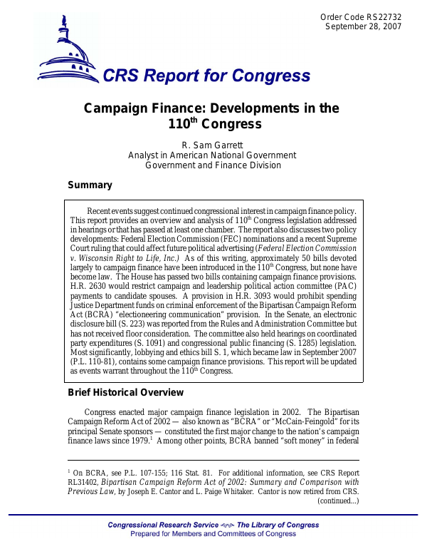 Campaign Finance: Developments in the 110th Congress - EveryCRSReport.com