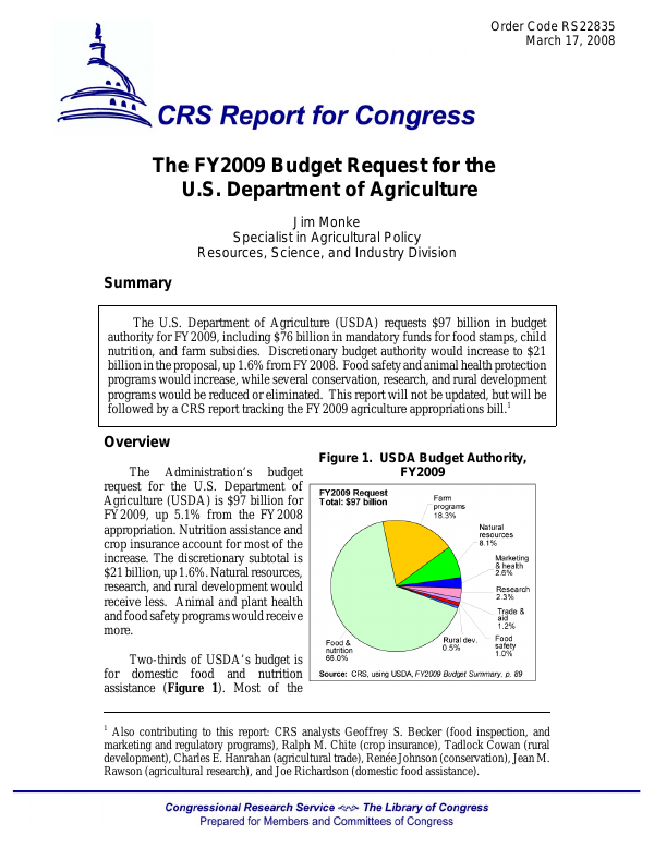 The FY2009 Budget Request for the U.S. Department of Agriculture ...