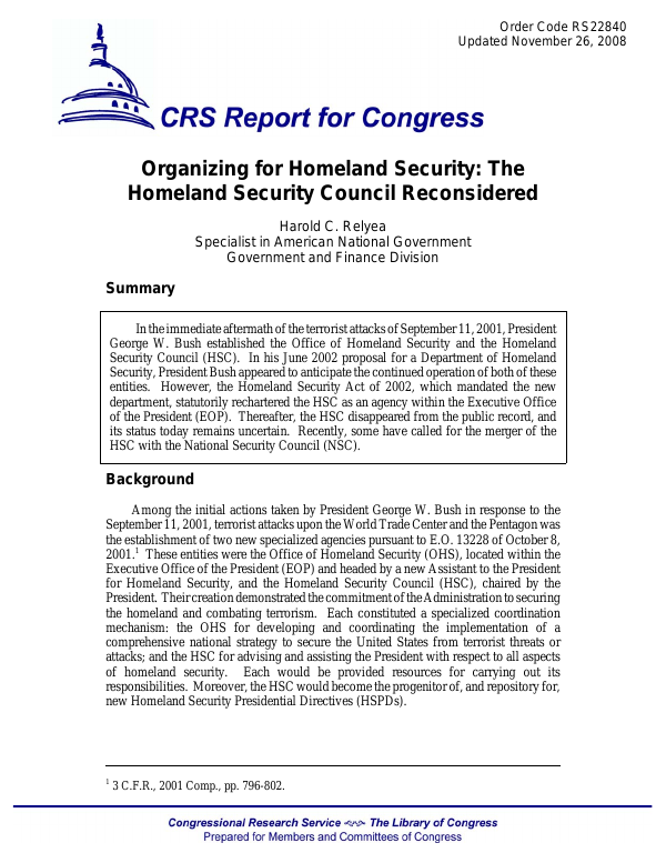Organizing for Homeland Security: The Homeland Security Council ...