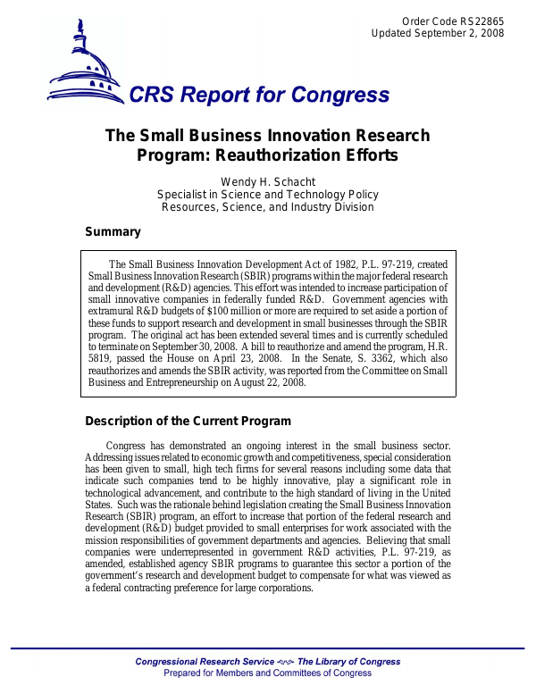 The Small Business Innovation Research Program: Reauthorization Efforts ...