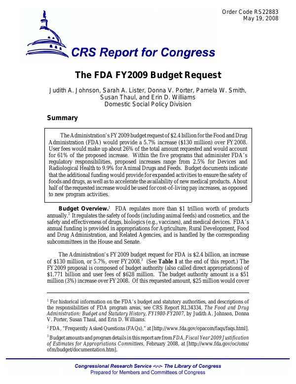 The FDA 2009 Budget Request - EveryCRSReport.com