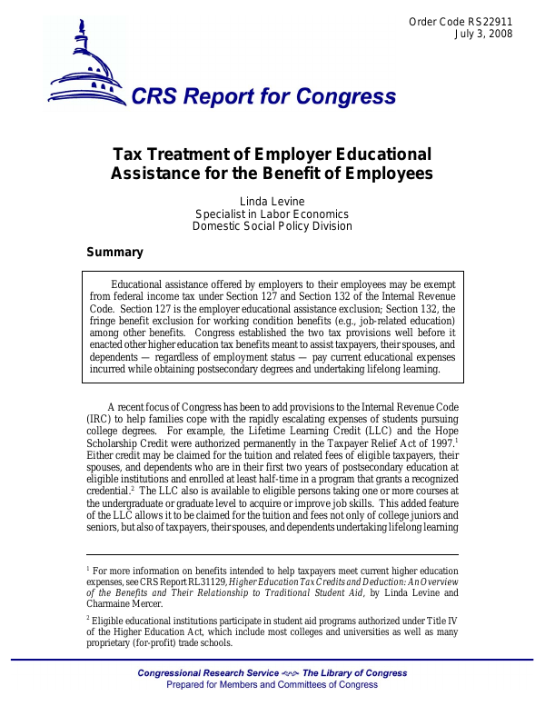 Tax Treatment of Employer Educational Assistance for the Benefit of ...