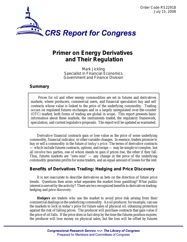 Primer on Energy Derivatives and Their Regulation - EveryCRSReport.com
