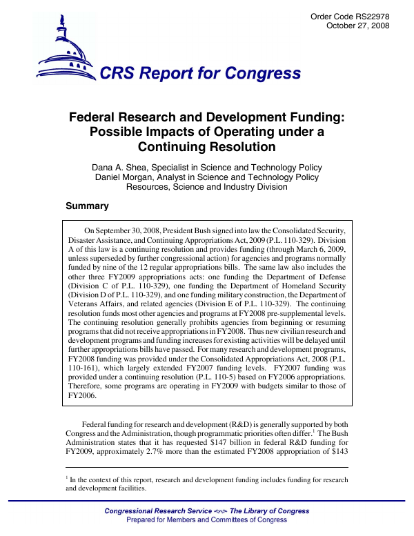 Federal Research and Development Funding: Possible Impacts of Operating ...
