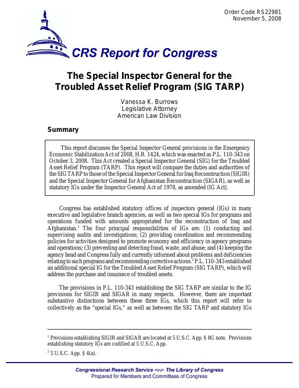 The Special Inspector General for the Troubled Asset Relief Program ...