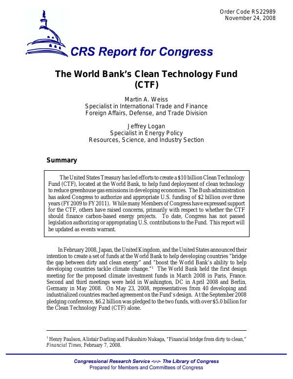 The World Bank's Clean Technology Fund (CTF) - EveryCRSReport.com