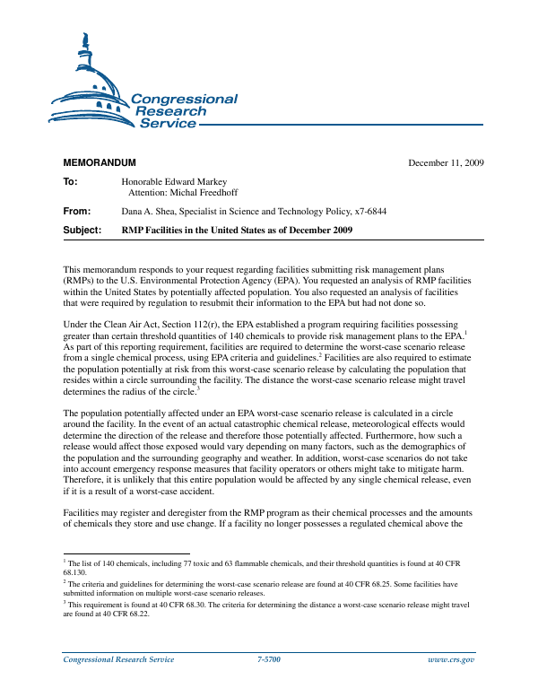 RMP Facilities in the United States as of December 2009 ...