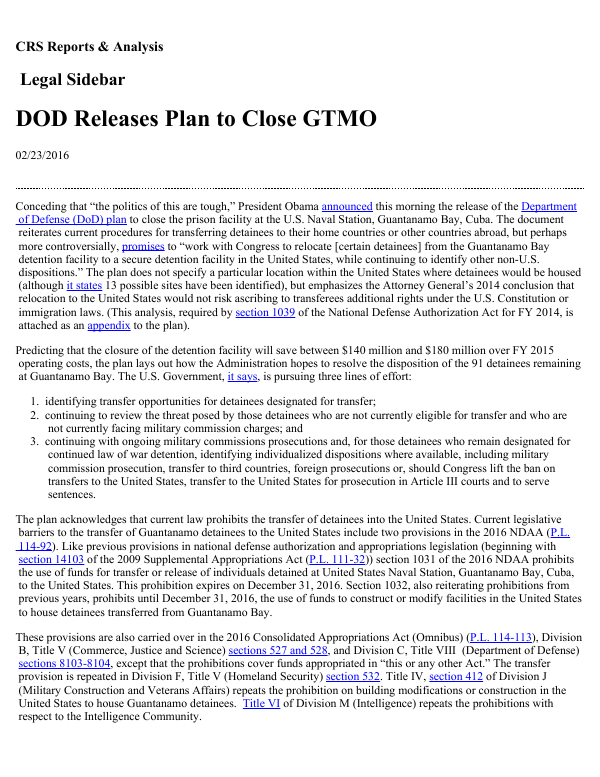 DOD Releases Plan to Close GTMO - EveryCRSReport.com