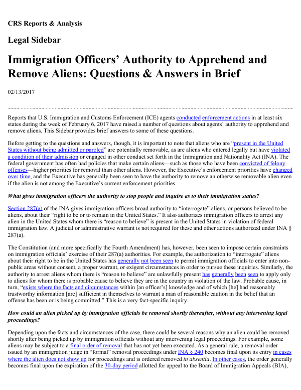 Immigration Officers' Authority to Apprehend and Remove Aliens ...